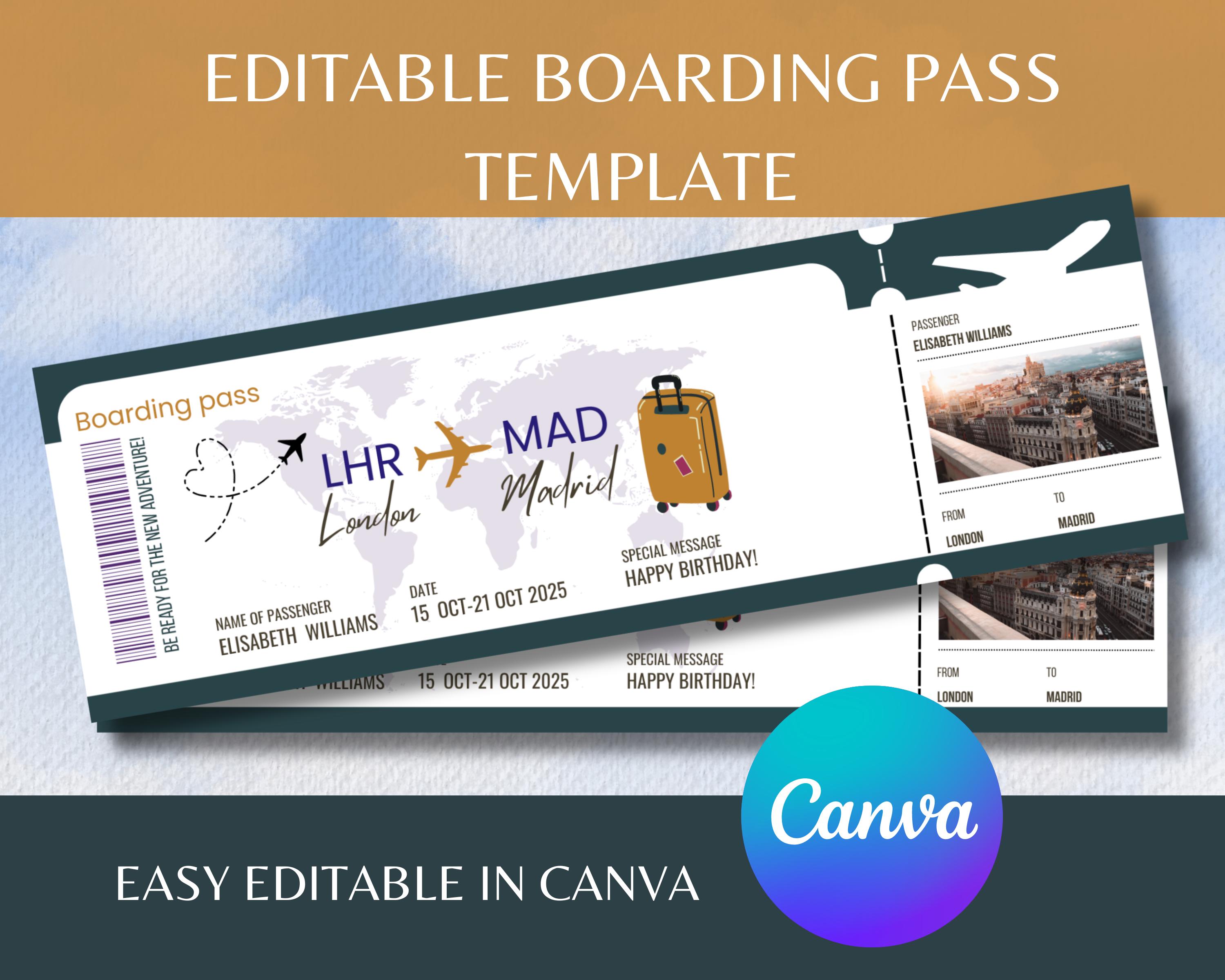 Editable Boarding Pass Template, Printable Personalized Airline Ticket ...