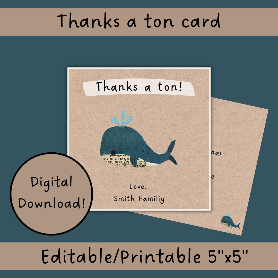 Thanks a Ton Cute Whale Pun Card Funny Thank You Card Editable ...