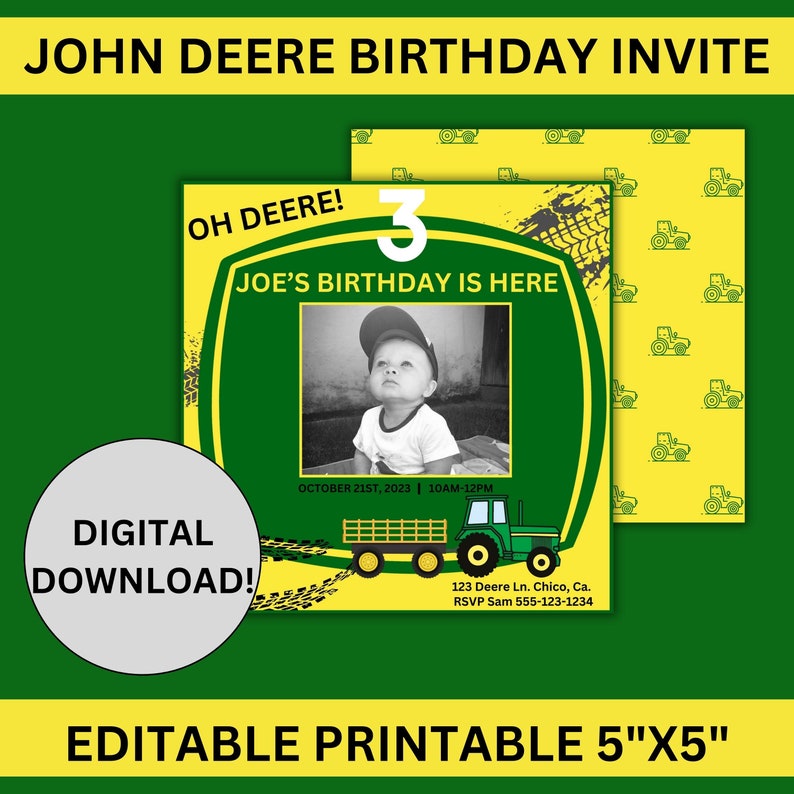 John Deere Birthday Party Invitation John Deere Tractor Birthday Party ...