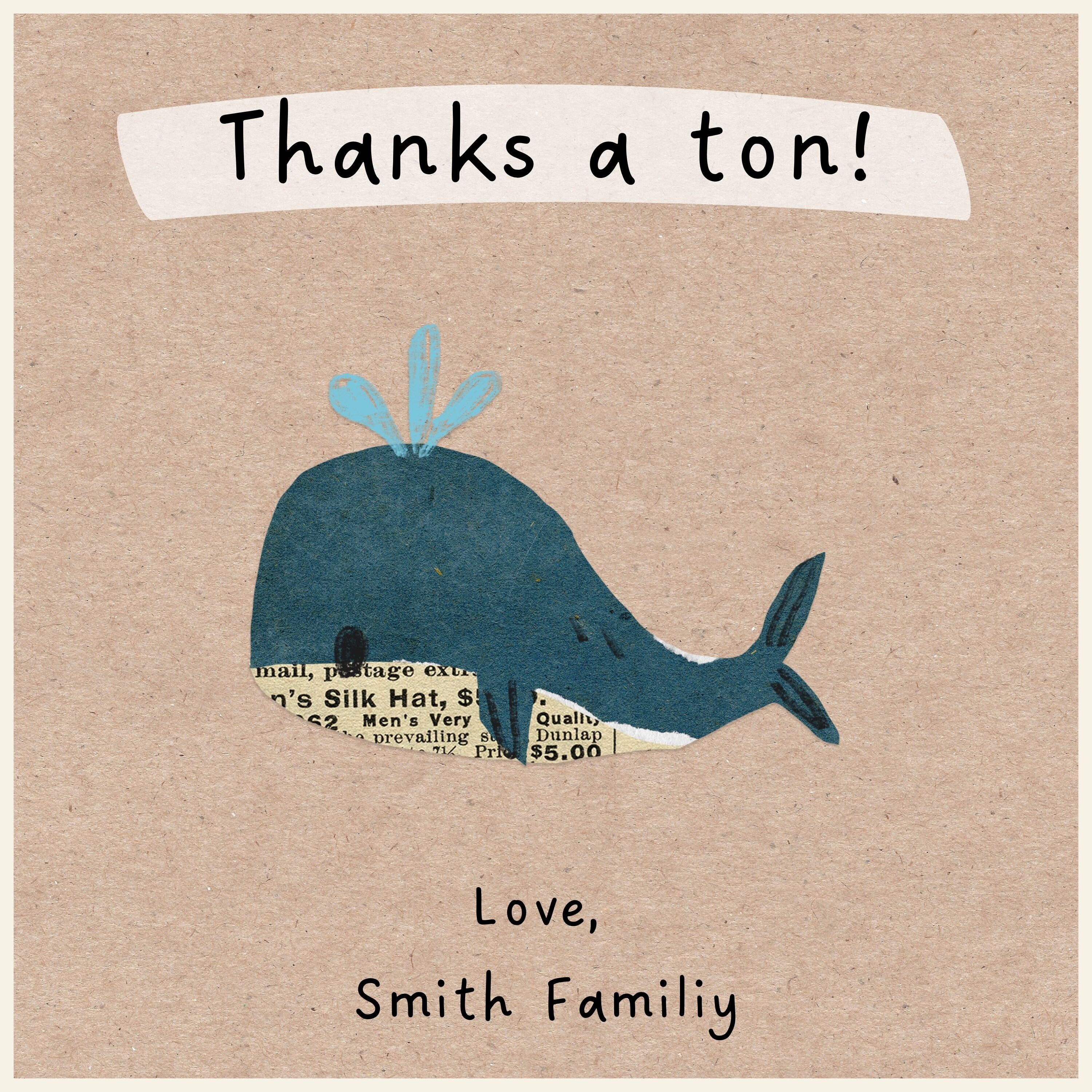 Thanks a Ton Cute Whale Pun Card Funny Thank You Card Editable ...