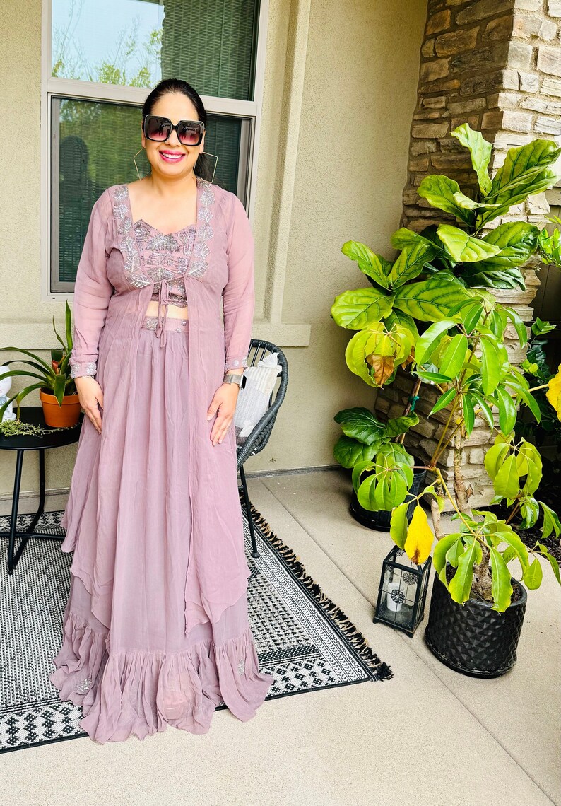 Designer Skirt Blouse and Shrug Set With Hand Embroidery Pure Georgette ...