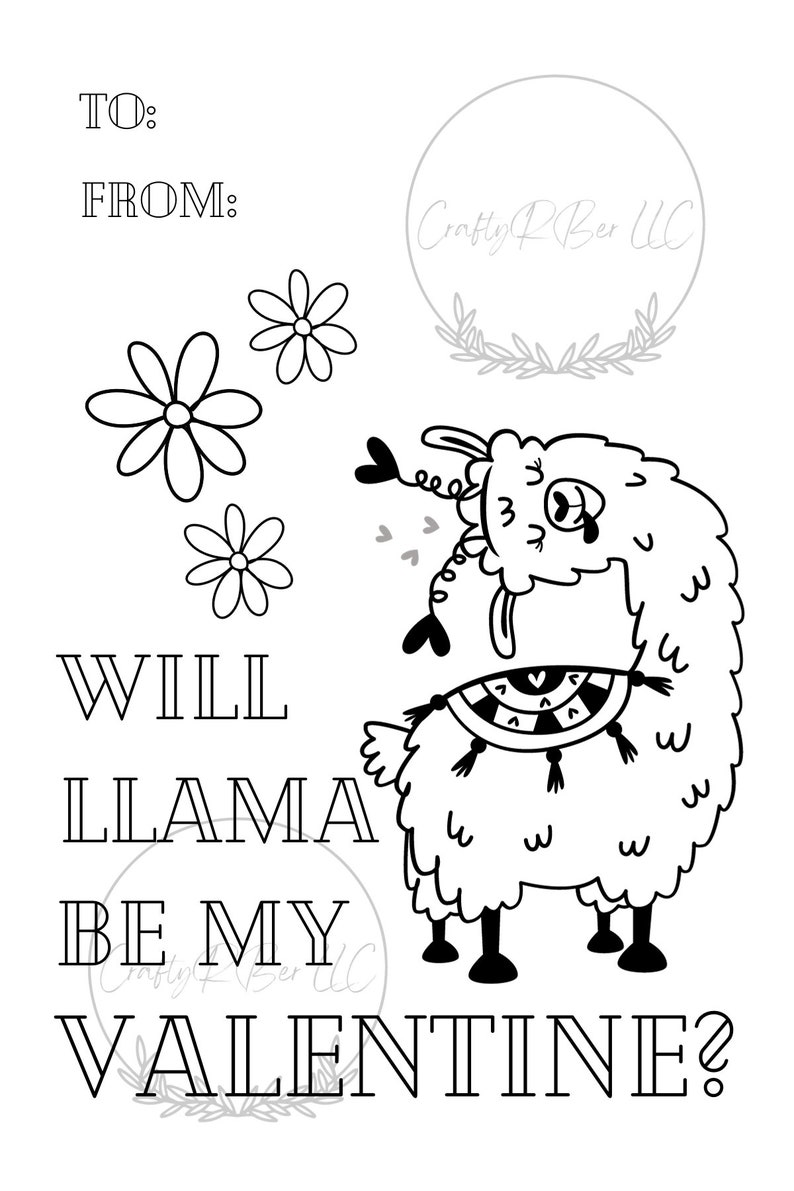Llama Printable Color Sheets Preschool Valentines School Class Favors ...