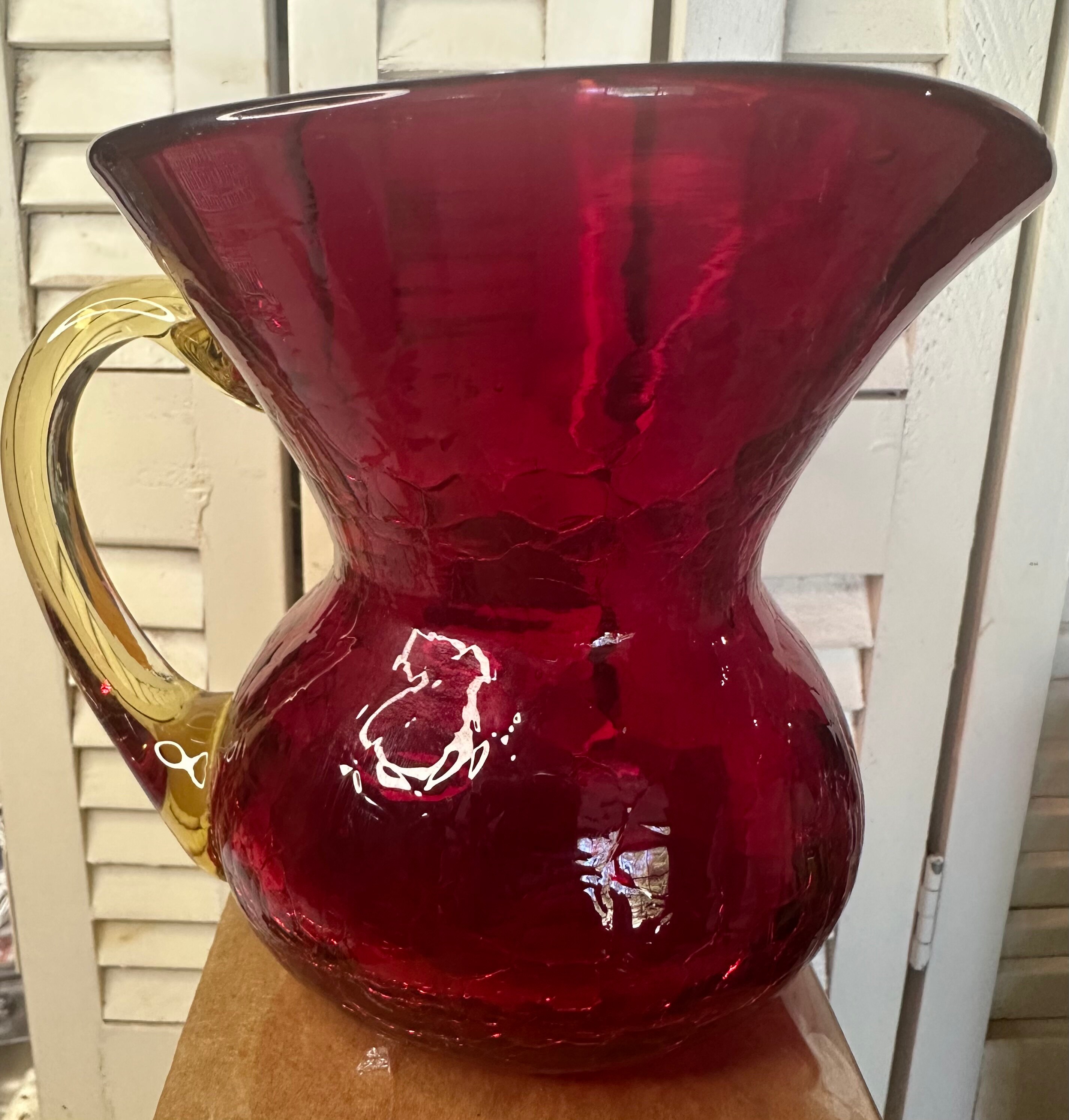 Vintage MCM Rainbow Red Crackled Glass 4.5 Pitcher With Glowing Cadmium ...