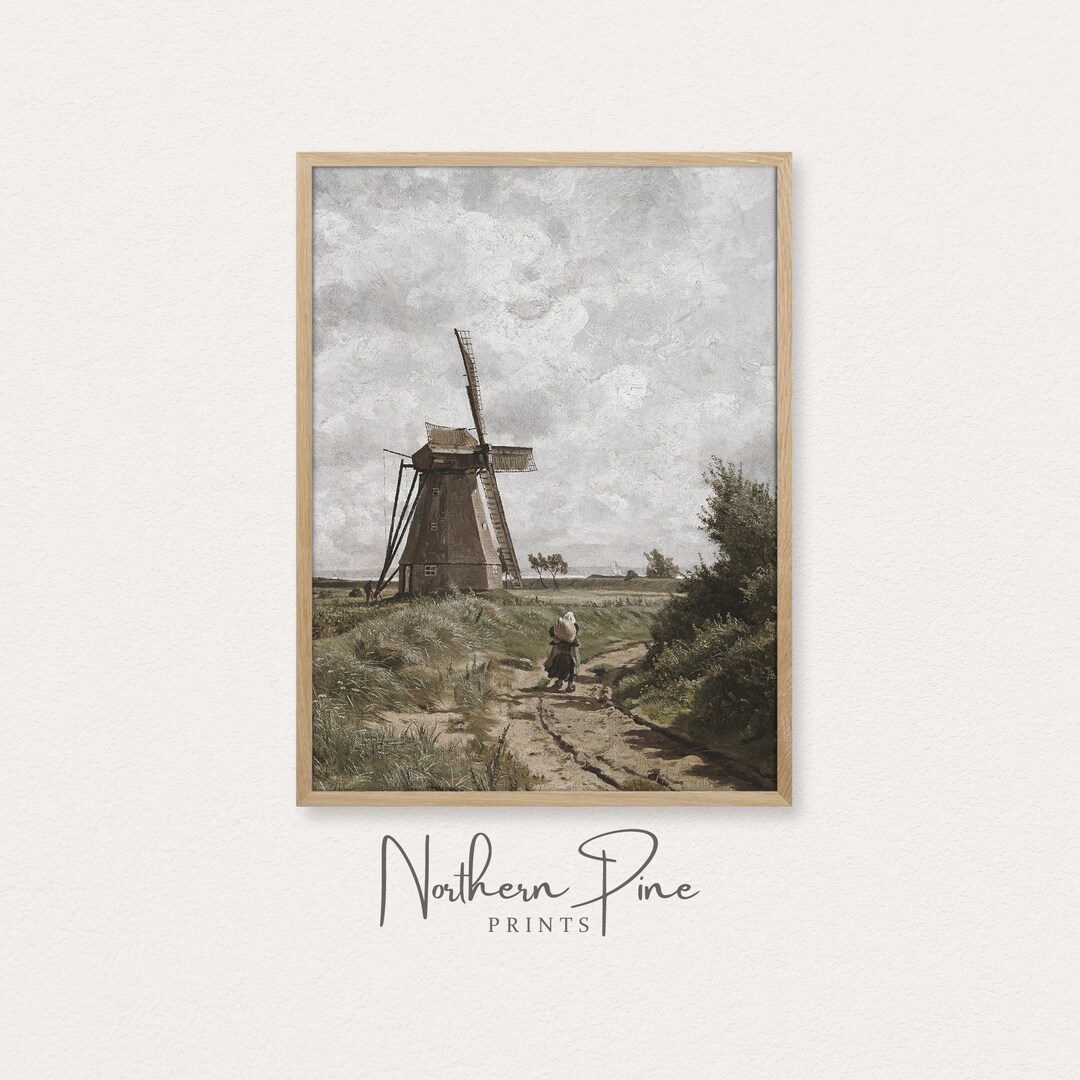 Vintage Windmill Print | European Country Oil Painting | Antique ...