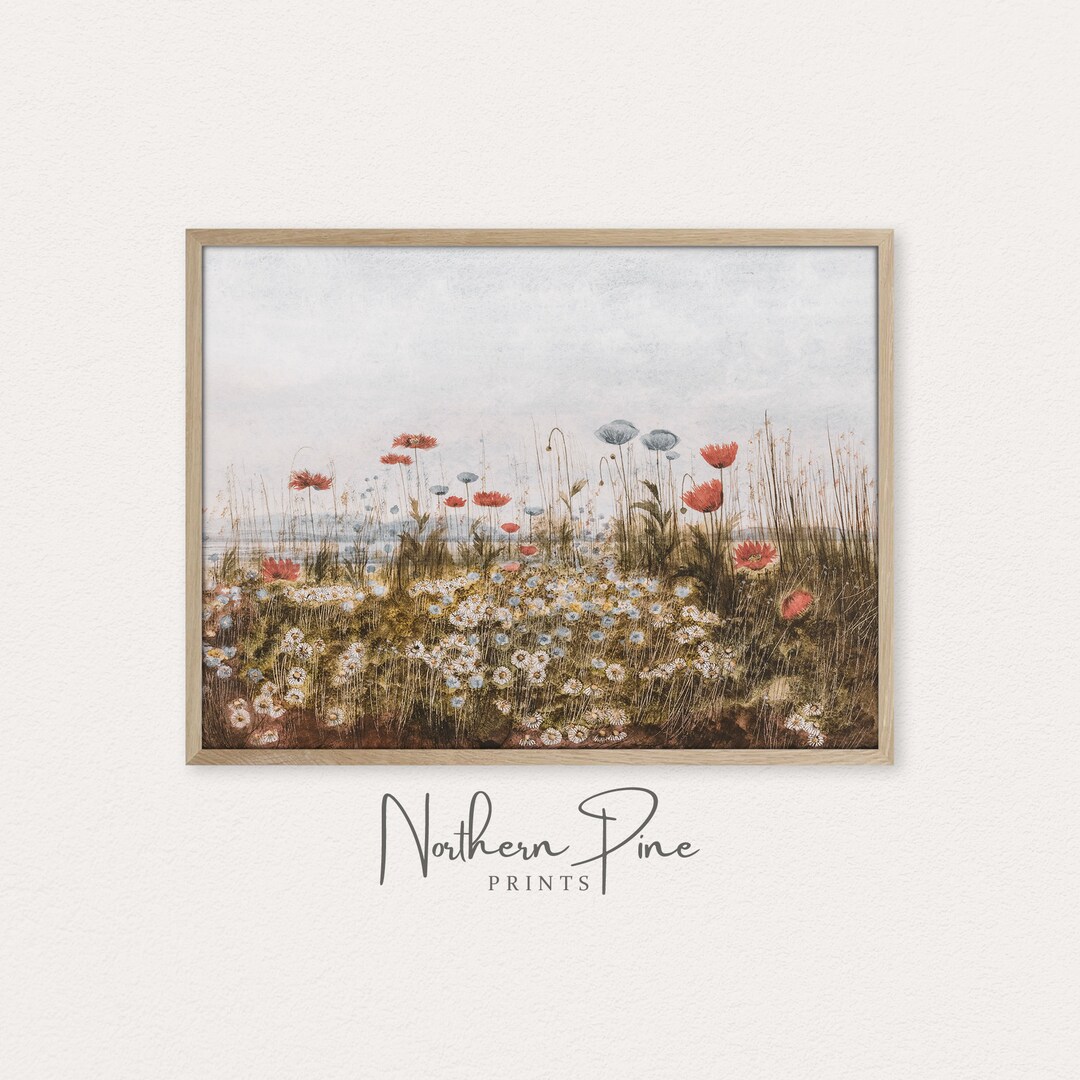 Vintage Poppy Print | Wildflower Landscape Oil Painting | Coastal ...