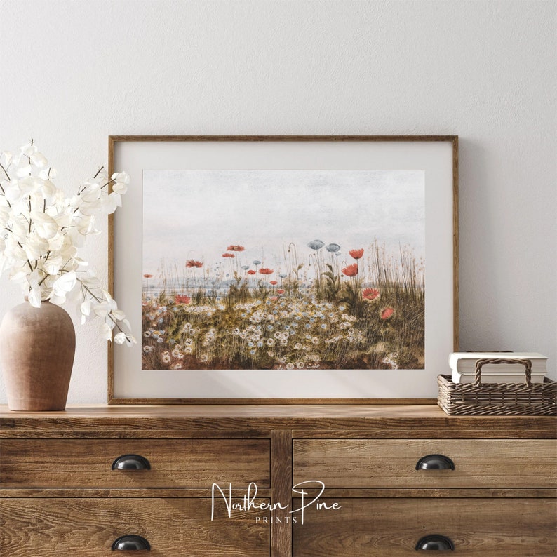 Vintage Poppy Print Wildflower Landscape Oil Painting Coastal Floral Print Rustic Botanical Wall ...
