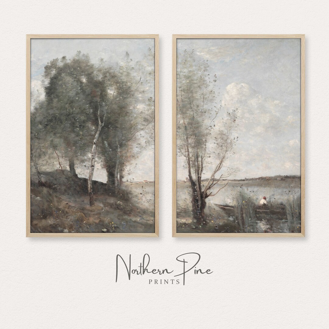 Muted Nature Print Set | Split Panel Vintage Oil Painting | Green ...
