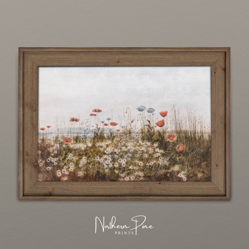Vintage Poppy Print Wildflower Landscape Oil Painting Coastal Floral ...