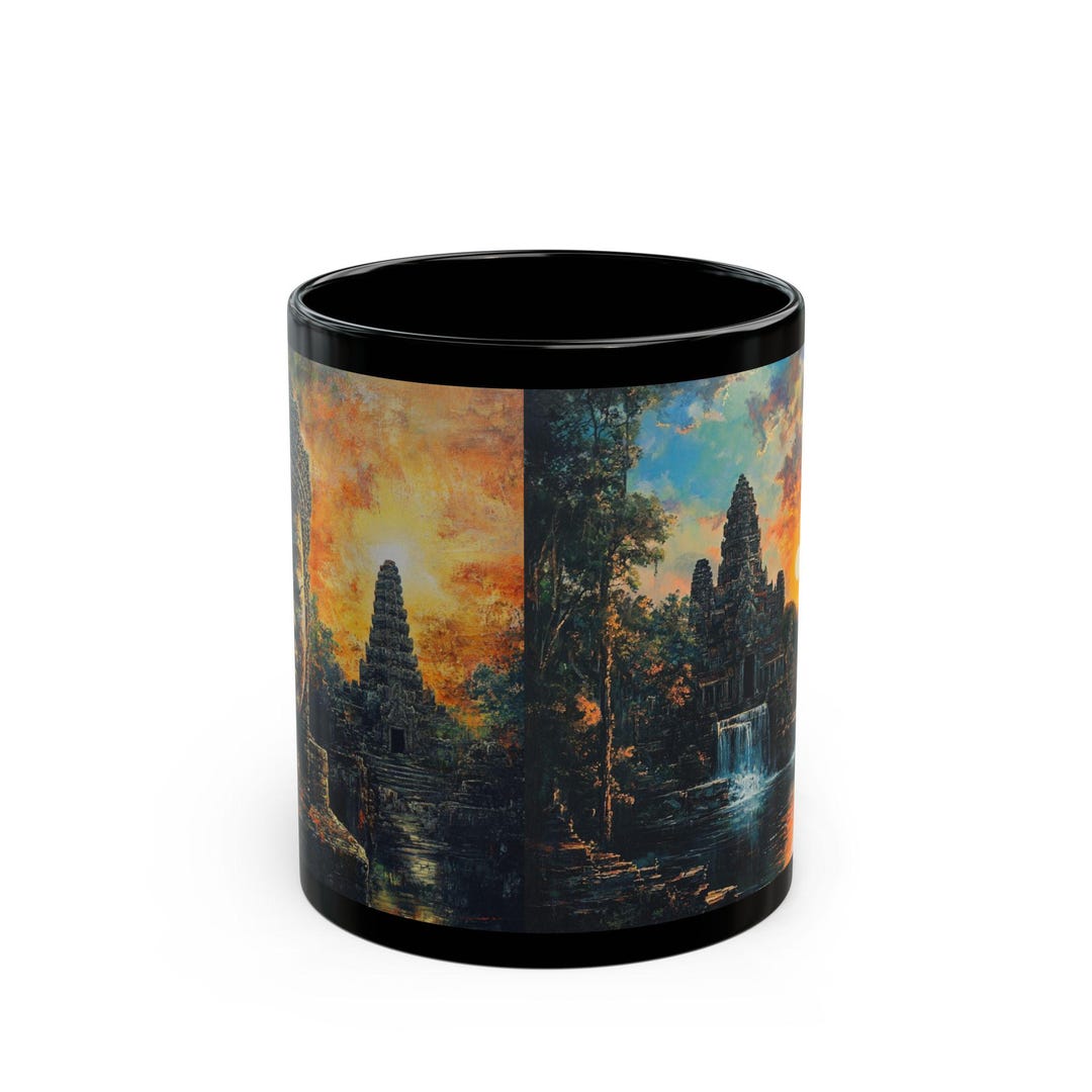 Khmer Culture Art Mug | Bayon Temple | Angkor Waterfall | Black Mug ...