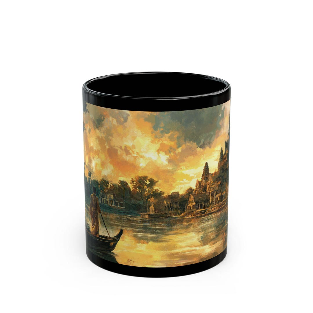 Khmer Culture Art Mug | Monk on Boat | Angkor Wat | Black Ceramic Mug ...