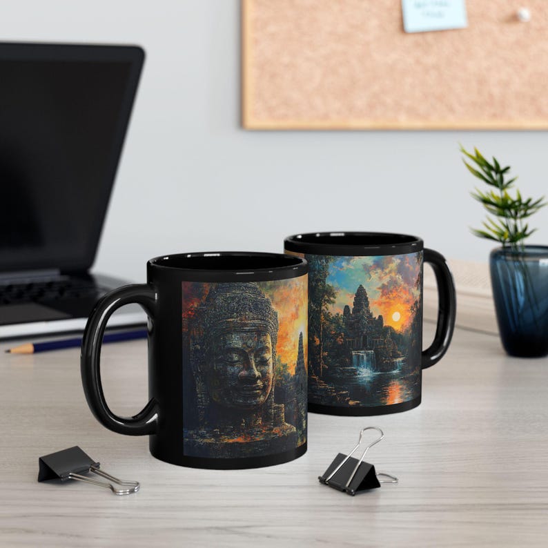 Khmer Culture Art Mug | Bayon Temple | Angkor Waterfall | Black Mug ...