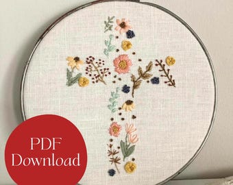 Hand Embroidery Pattern Fall Floral Cross Christian Theme Wall Decor ...