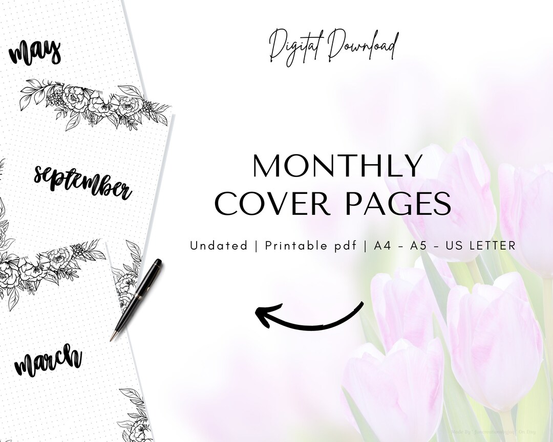 Monthly Cover Pages, Floral Themed Bullet Journal Pages, 12 Monthly ...