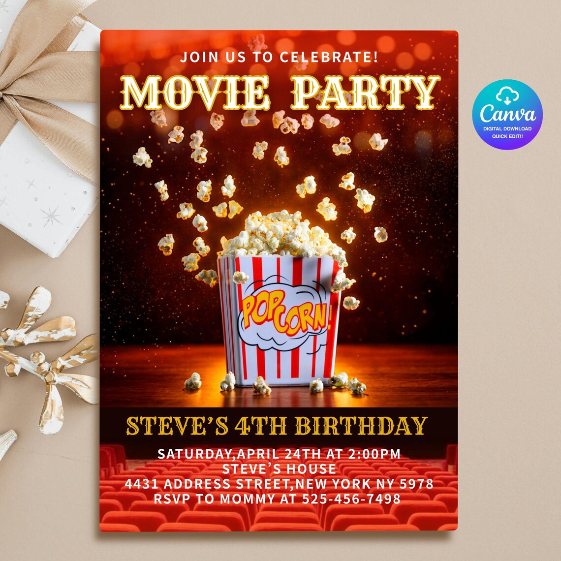 Movie Party Birthday Invitation Editable Canva | Cinema Popcorn ...