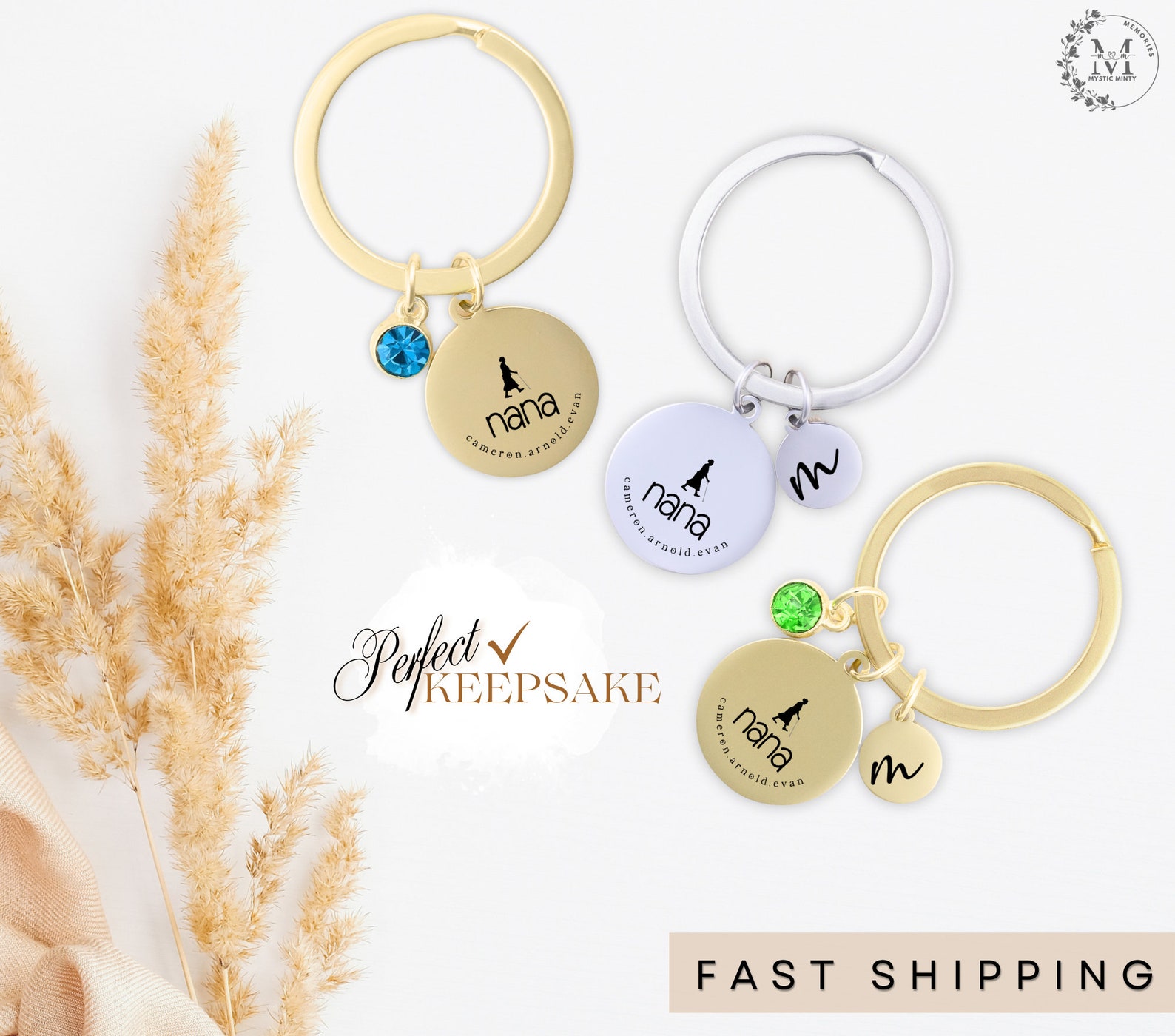 Nana Keychain Custom Birthstones Initial Grandkids Birth Month Gift for ...