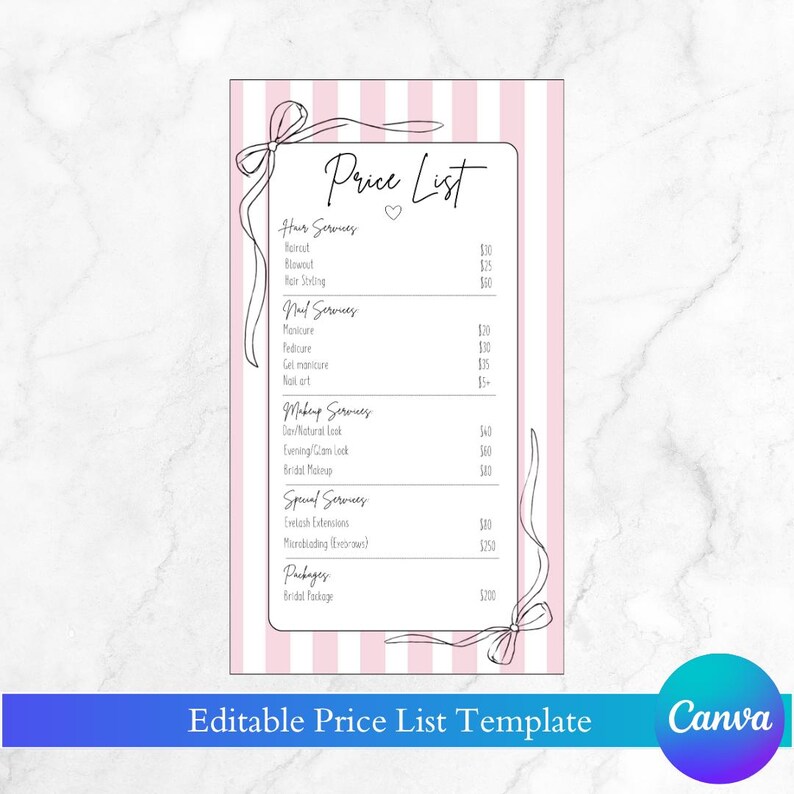 Custom Price List for Hairstylists Editable Template | Canva - Etsy UK
