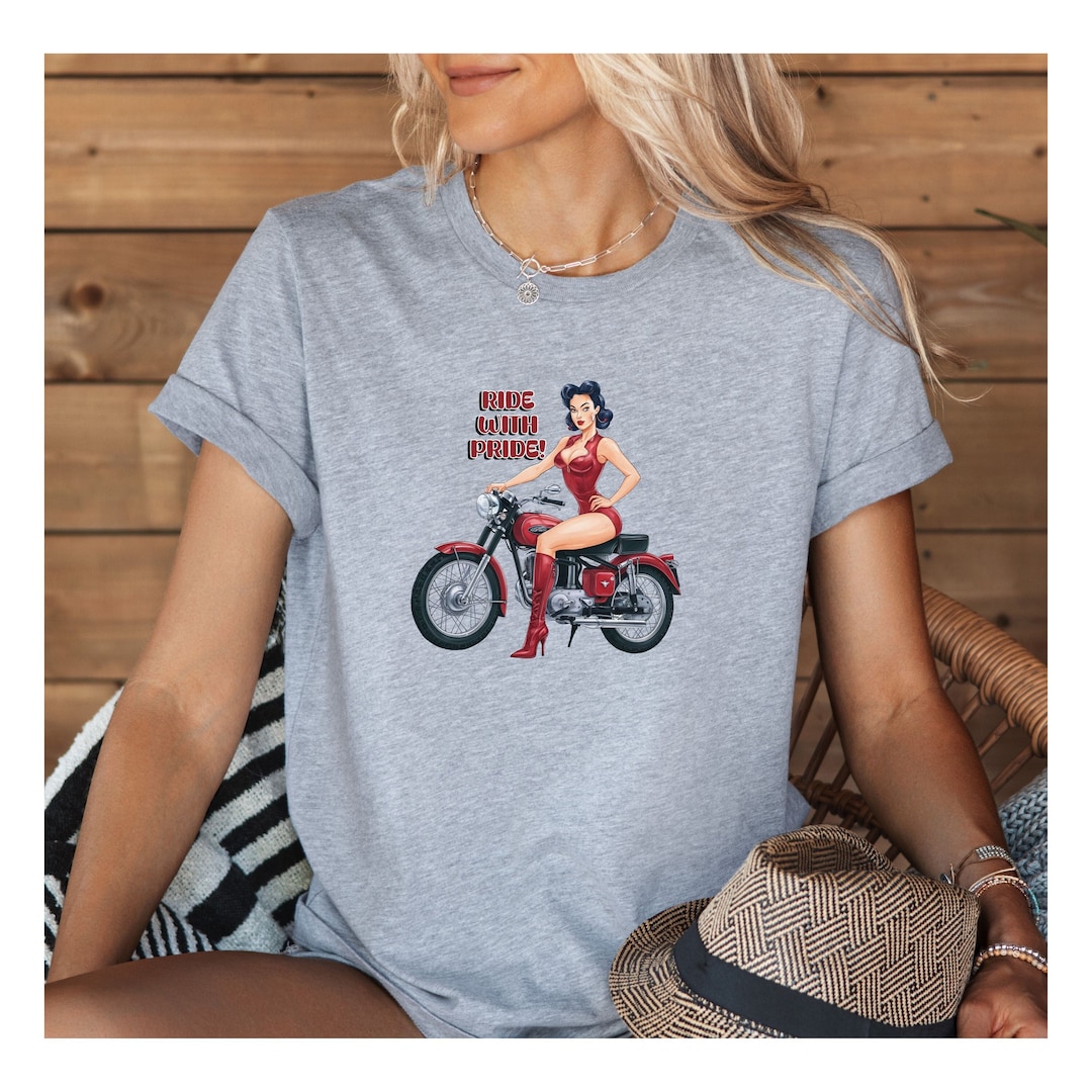 Unisex Retro Ride With Pride Pin up Motorcycle T-shirt, Fun Retro T ...