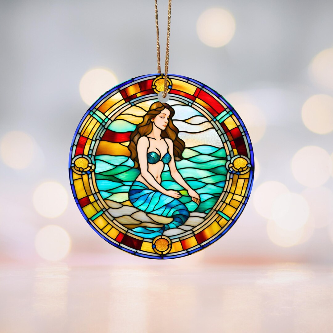 Mermaid Stained-glass Ceramic Coastal Christmas Ornament Decor, Ocean ...