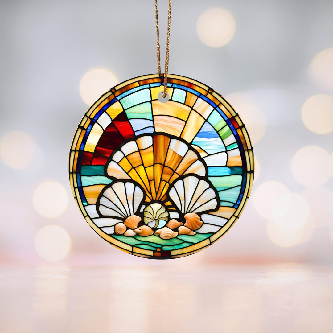 Seashell Stained-glass Motif Coastal Ceramic Christmas Decor, Beach ...