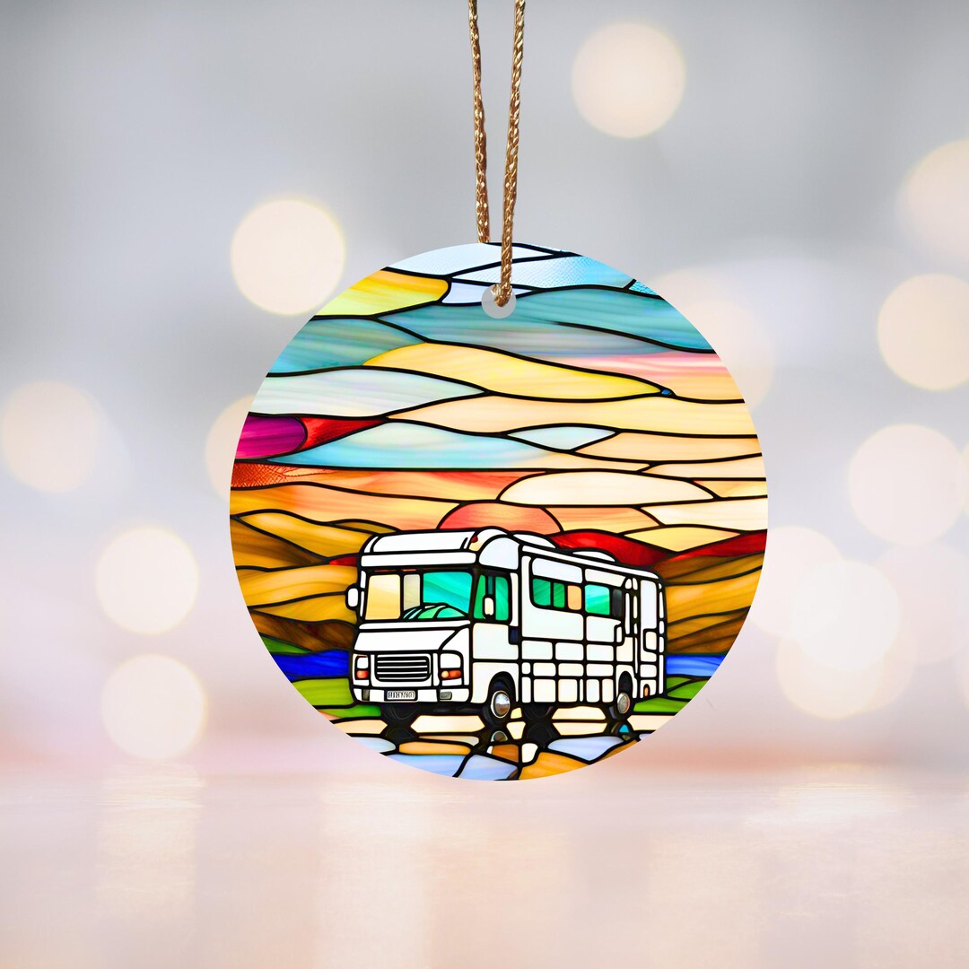 Class A RV Stained Glass Motif Ceramic Ornament Design at Sunset, Gift ...