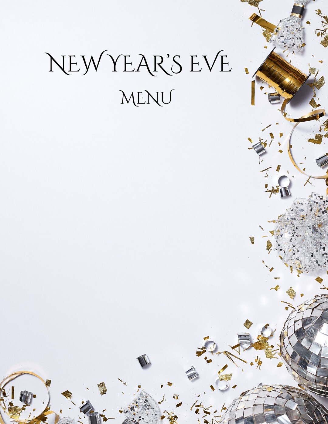 White With Confetti, Mirror Ball, New Years Eve Menu - Etsy