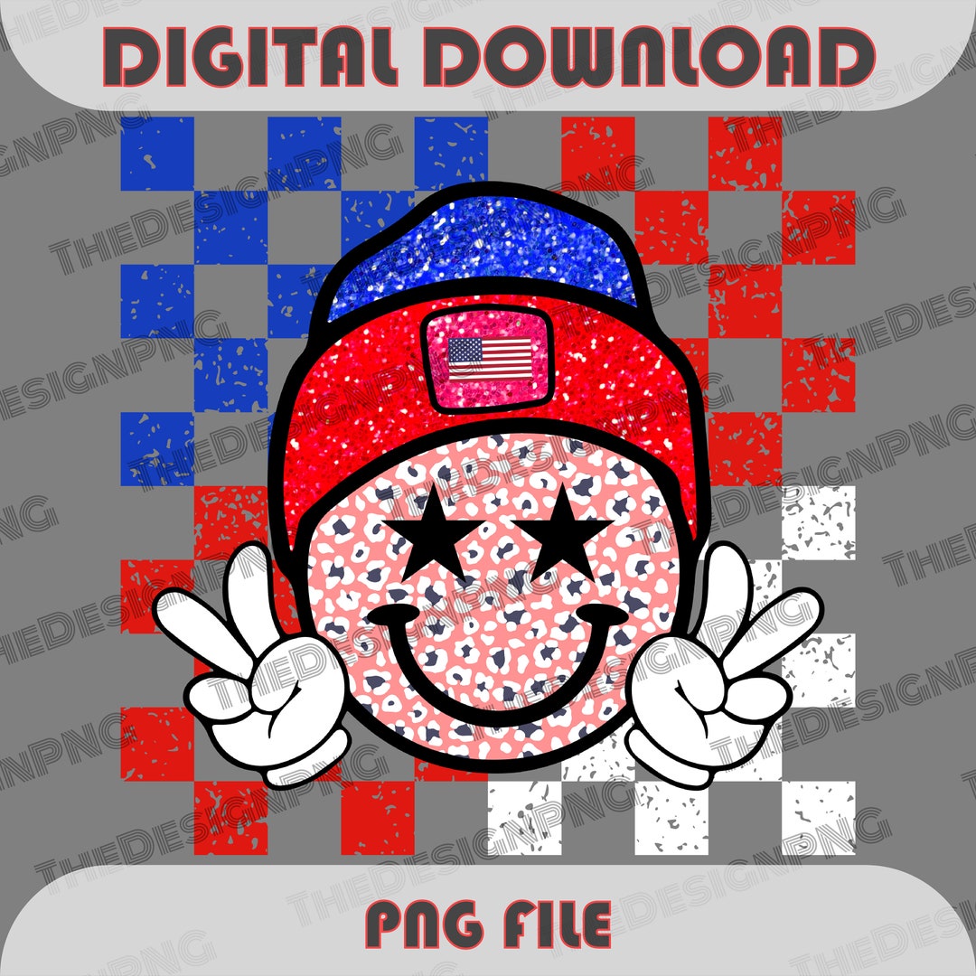 Checkered American Smiley Face, Faux Glitter 4th of July Png, Leopard ...