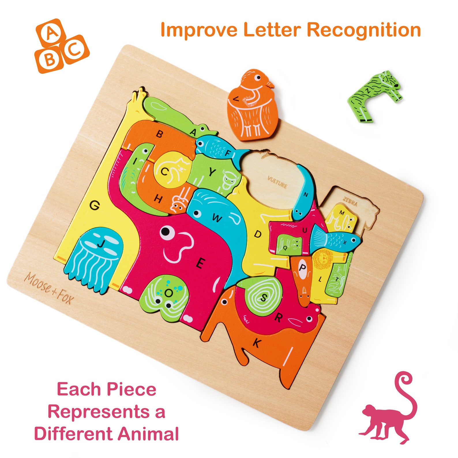 Wooden Alphabet Animal Puzzle: Educational Learning Toy for Kids - Etsy