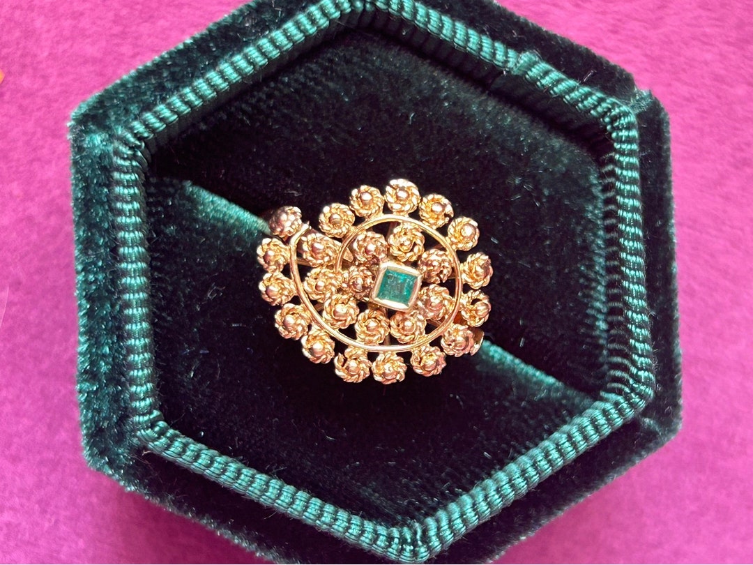 18k Solid Yellow Gold Antique Emerald Indian Filigree Ring Size 7 Fine ...