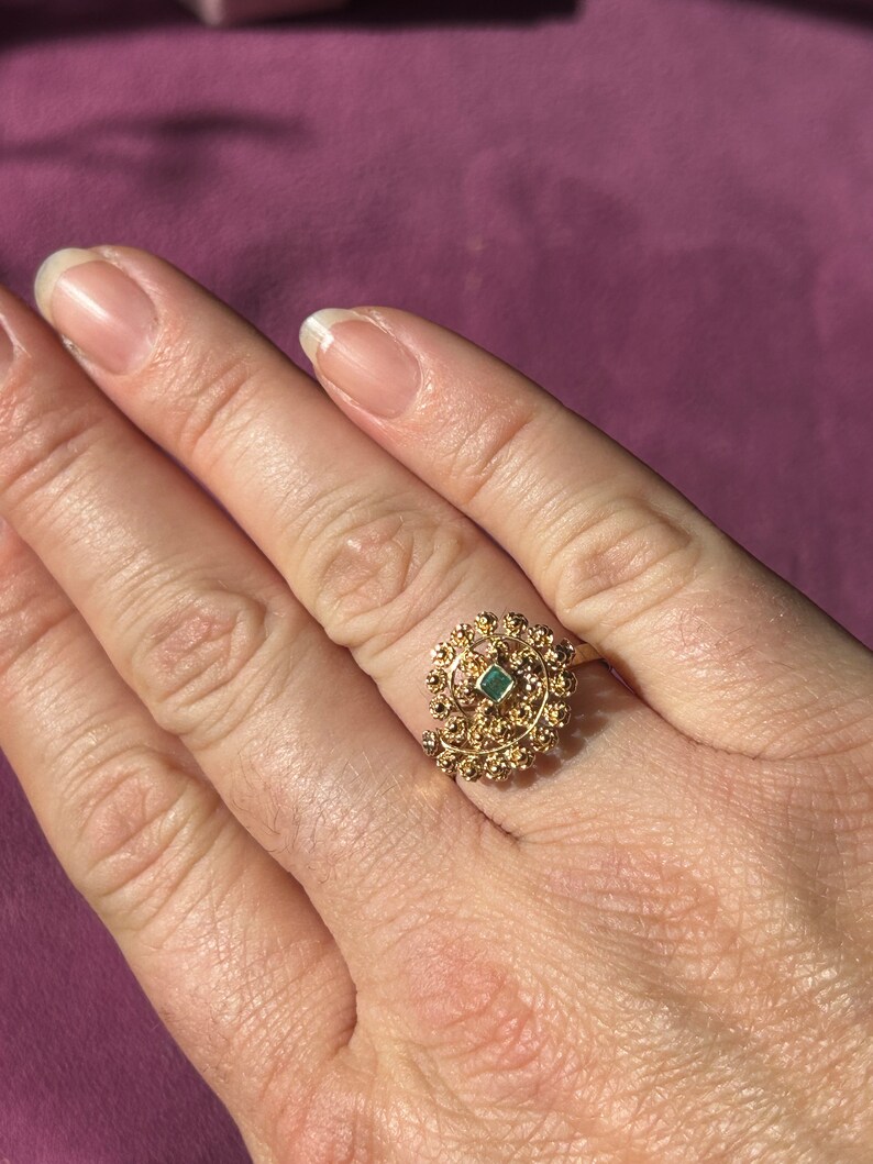 18k Solid Yellow Gold Antique Emerald Indian Filigree Ring Size 7 Fine ...