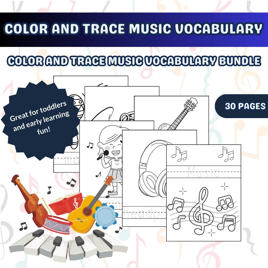 Music Theme Coloring and Trace Vocabulary Pages, Kids/toddlers Coloring ...