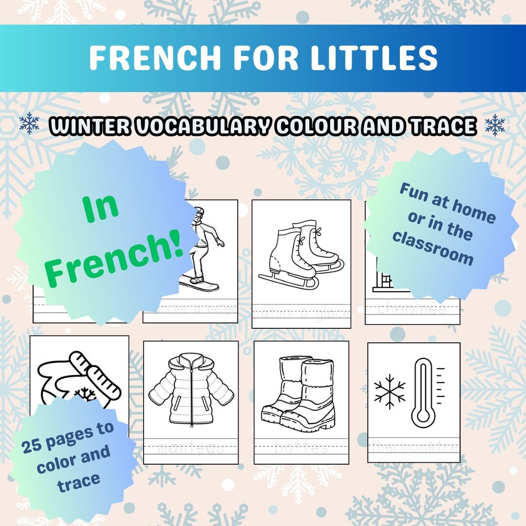 Winter Vocabulary Coloring Pages in French, Kids Winter Coloring Sheets ...