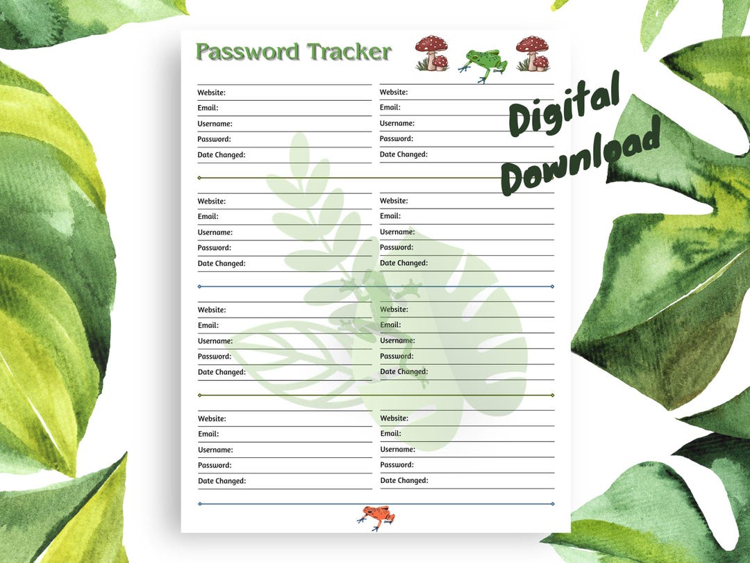 Password Tracker Printable: Jungle Frog Internet Login Sheets (digital ...