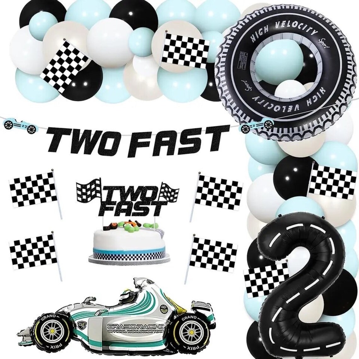 Two Fast Birthday Decorations Vintage Retro Blue Racing Car Themed ...
