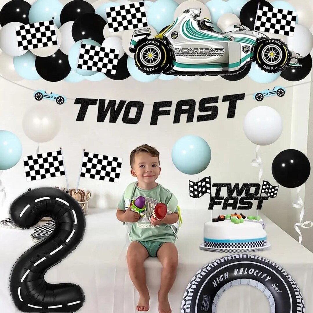 Two Fast Birthday Decorations Vintage Retro Blue Racing Car Themed ...