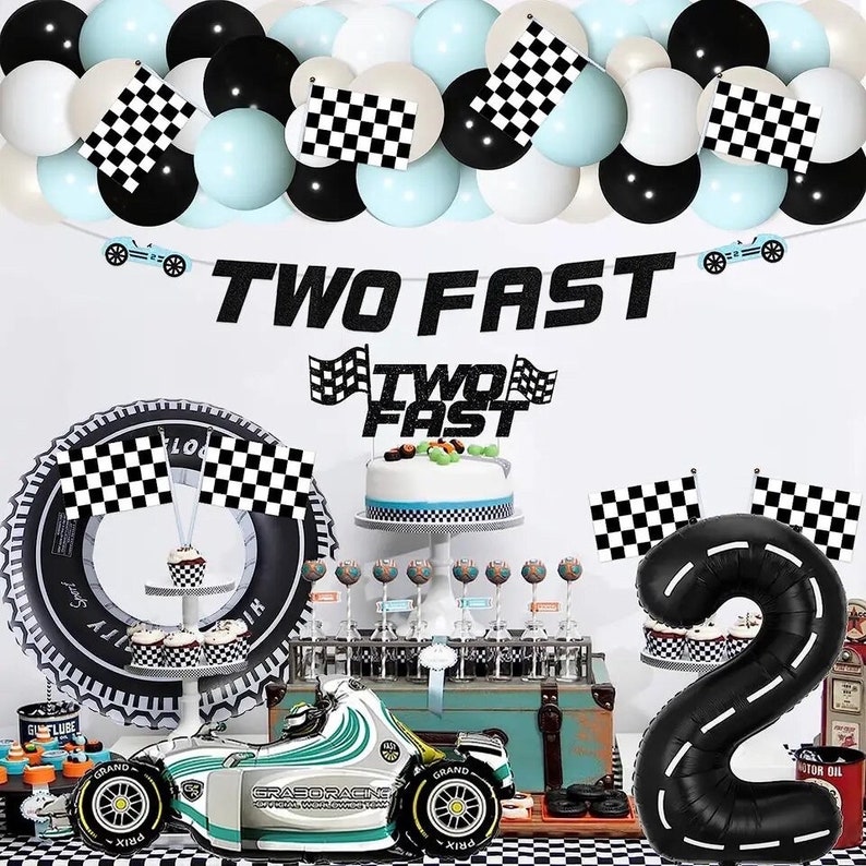 Two Fast Birthday Decorations Vintage Retro Blue Racing Car Themed ...