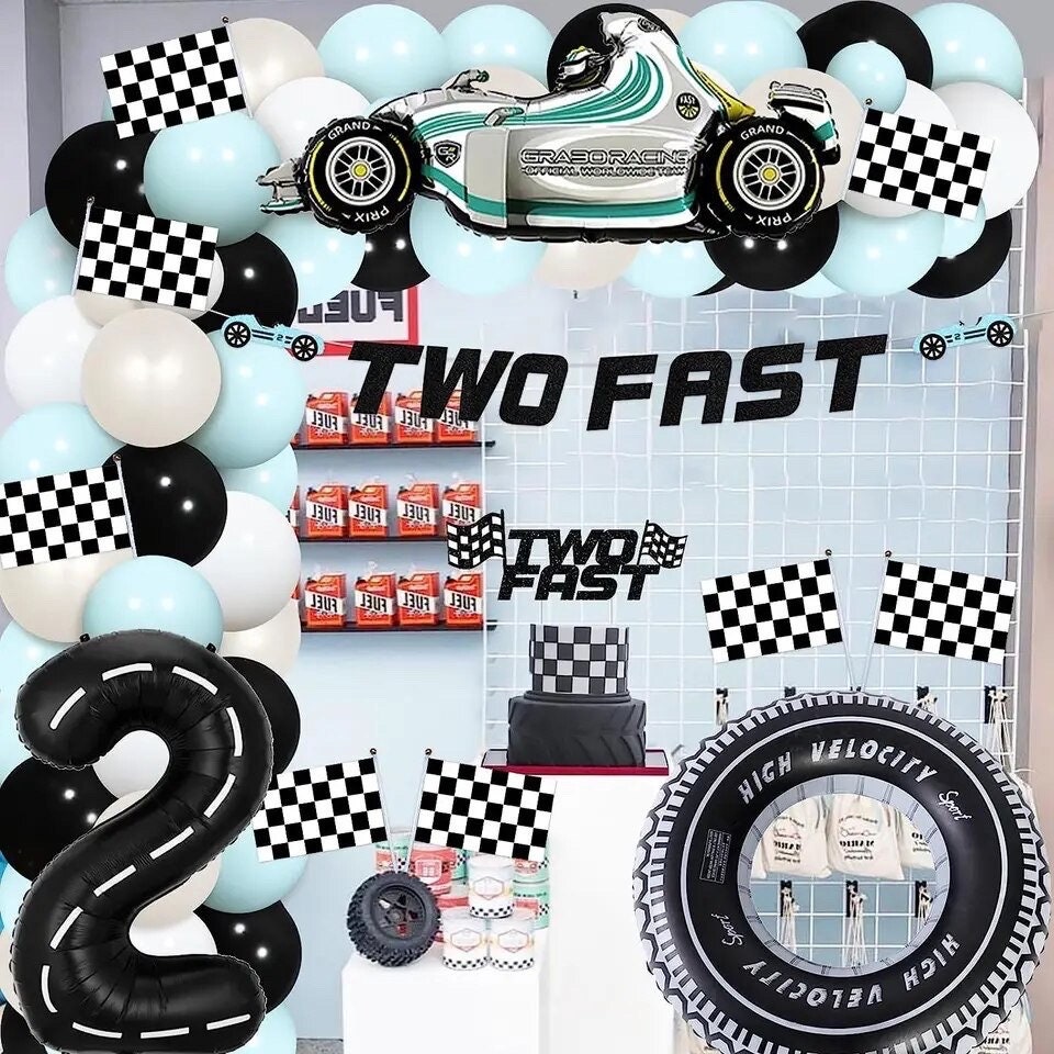 Two Fast Birthday Decorations Vintage Retro Blue Racing Car Themed ...