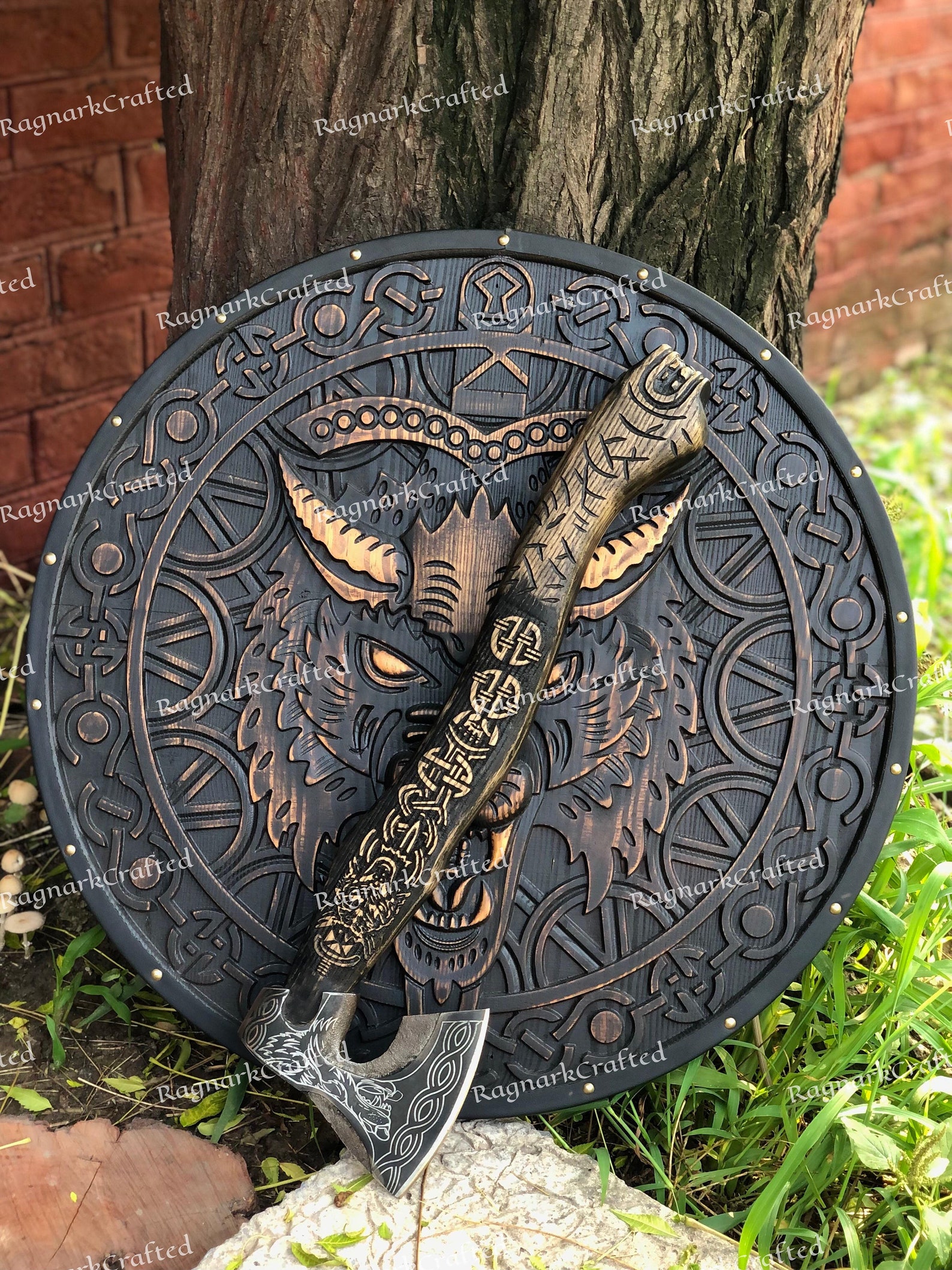 Viking Medieval Shield & Axe Set, Viking Round Shield, Viking Wolf ...