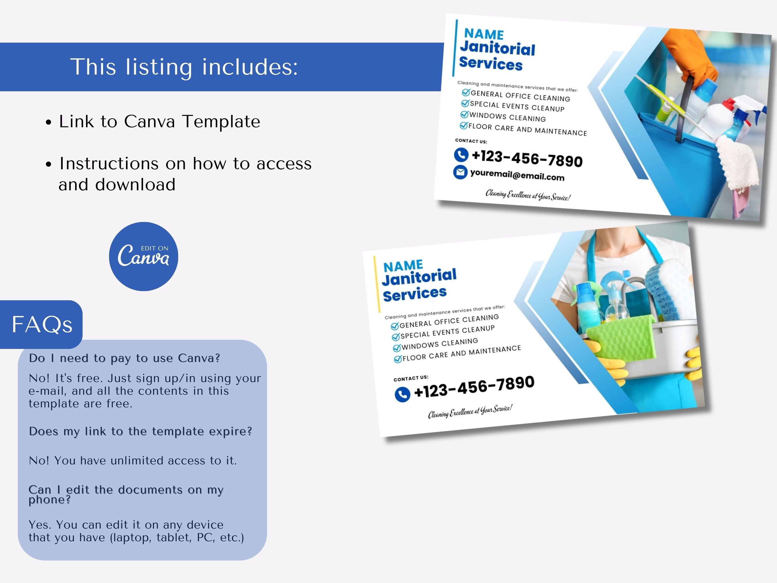 Janitorial Service Business Cards, Janitorial Service Template, DIY ...