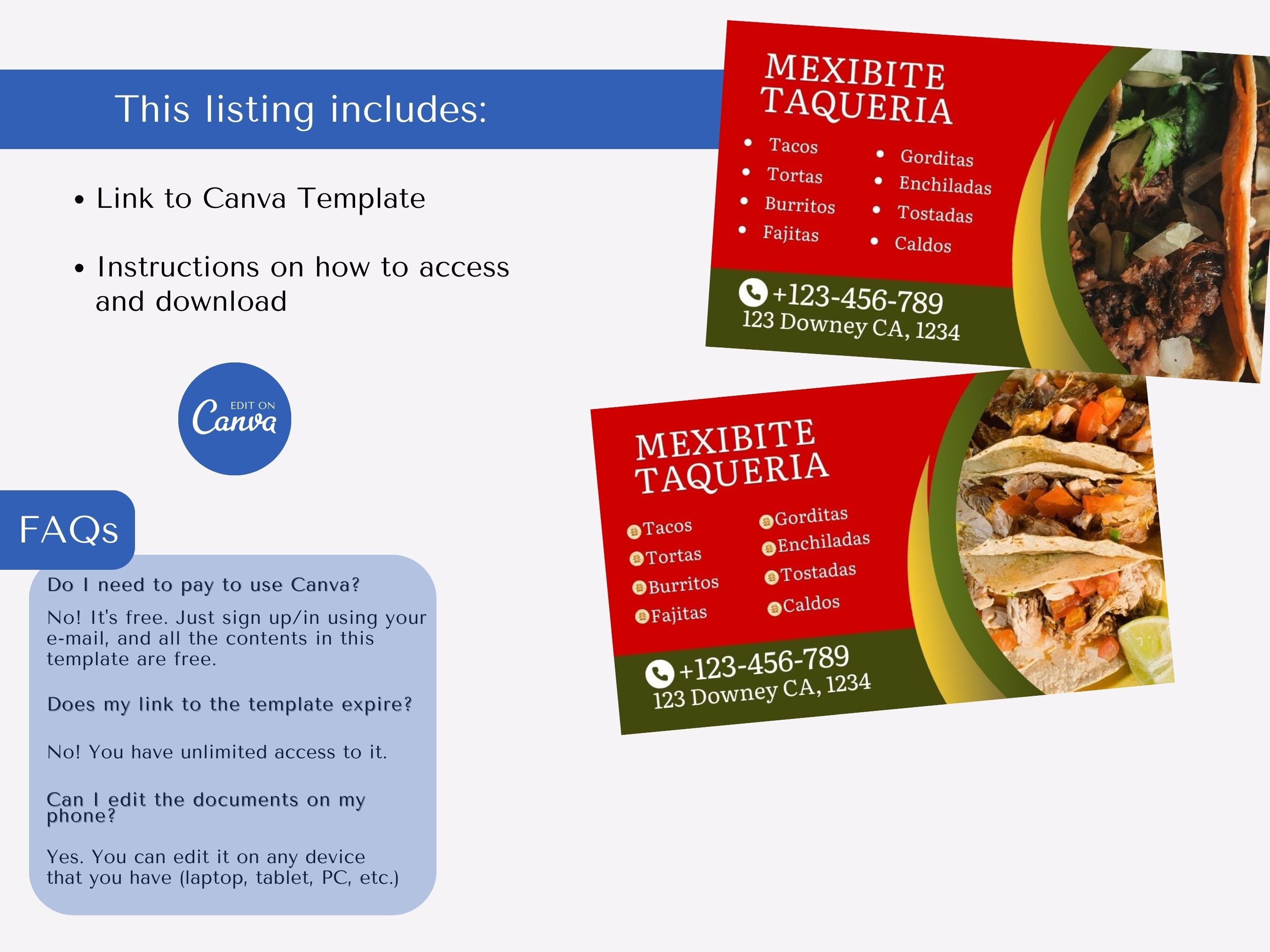 Taqueria Business Card Template Taco Business Card Mexican - Etsy