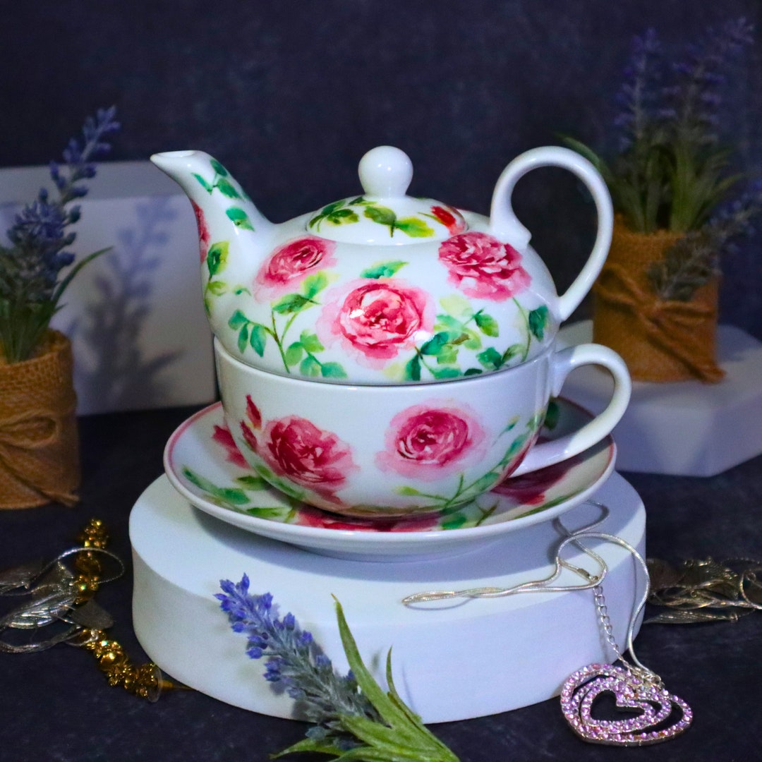 Fine Bone China, Roses Pattern Floral Tea for One Set, Teapot, Cup and ...
