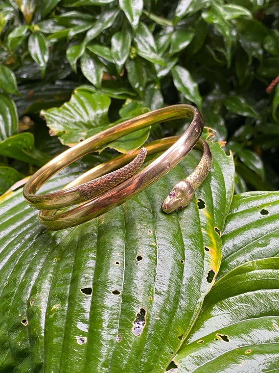 Antique 9ct Rose Gold Silver And Ruby Snake Coil Brac… - Gem