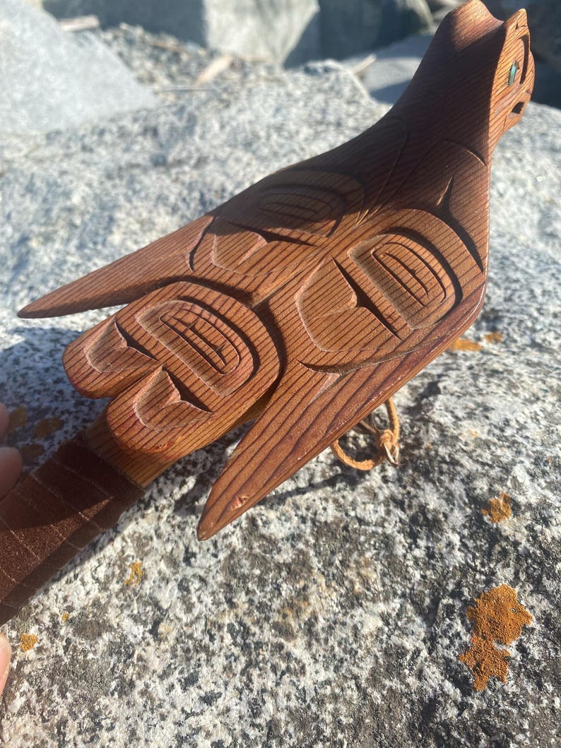 First Nations Northwest Coast Indigenous Cedar Carved and Abalone Raven ...