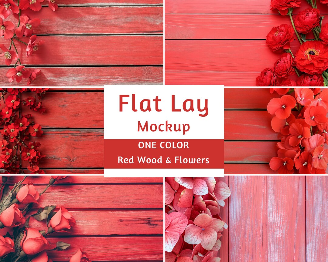 Flat-lay Background Mockups - ONE COLOR RED Flatlay Mockup - 6 Wooden ...