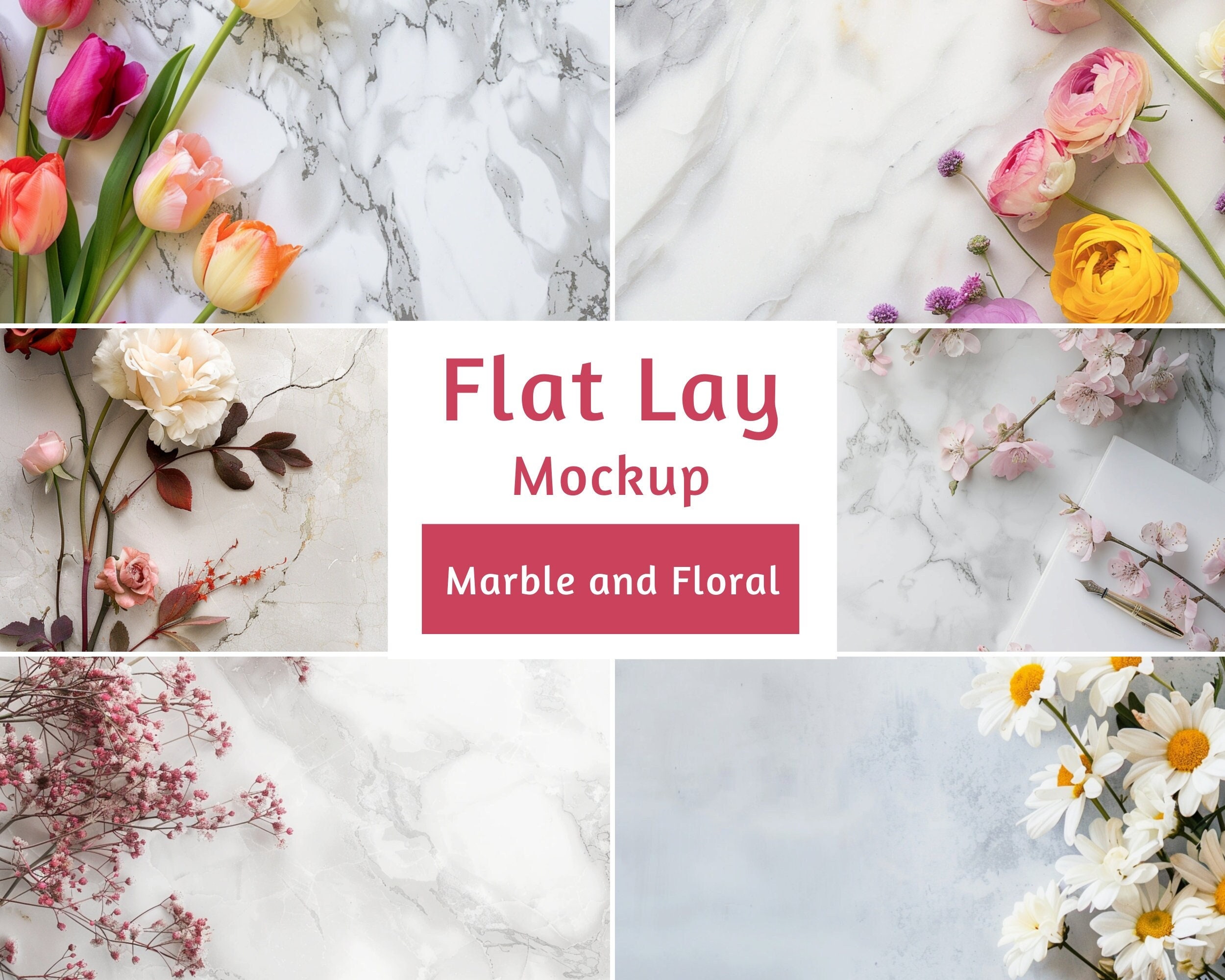 12 X Flat-lay Background Image Mockups - 12 Marble and Floral Flat-lay ...