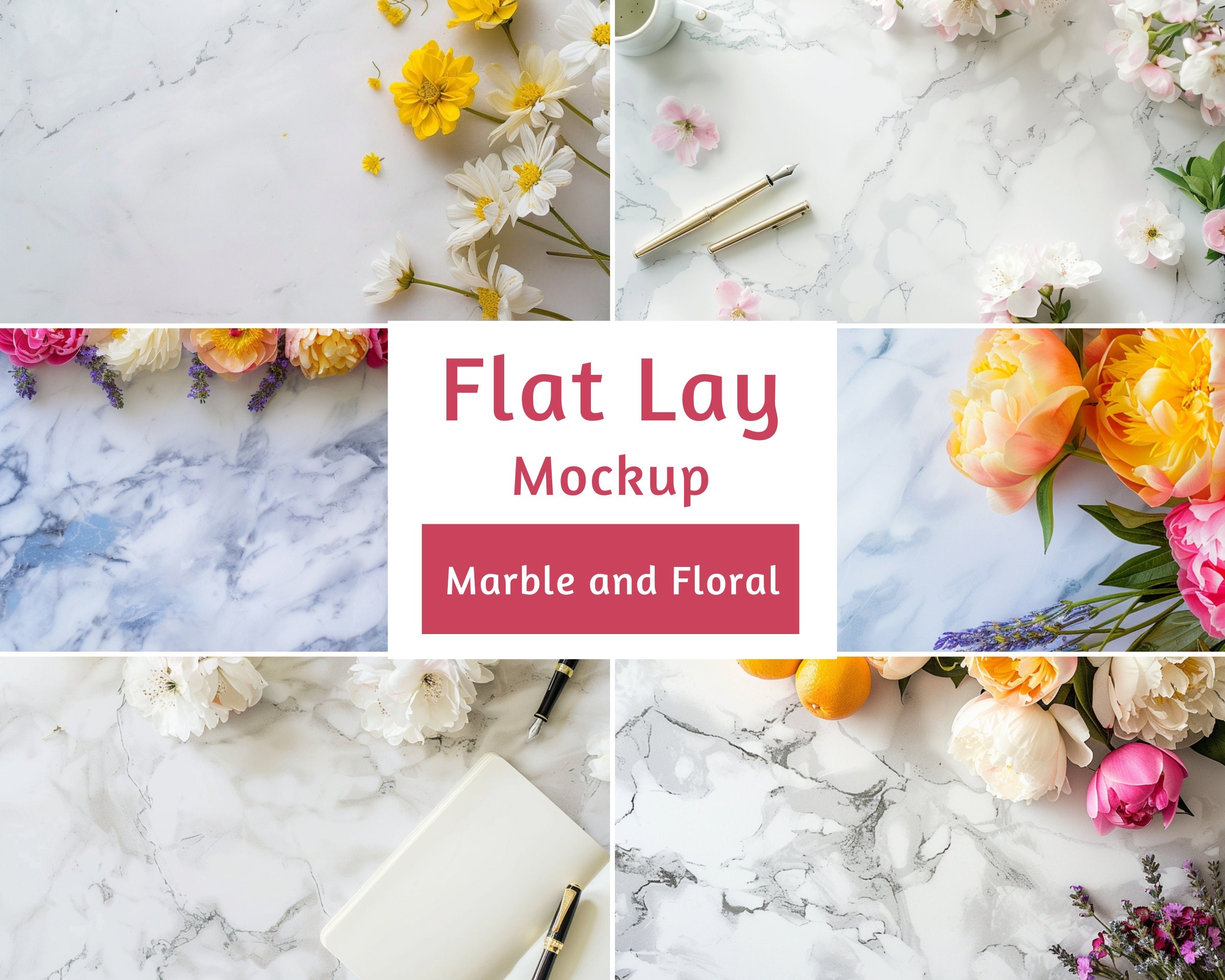 12 X Flat-lay Background Image Mockups - 12 Marble and Floral Flat-lay ...