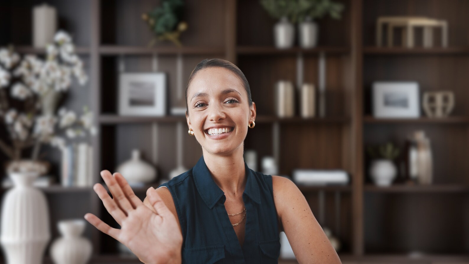 Modern Elegant Zoom Background Dark Wood Modern Home Office Virtual ...