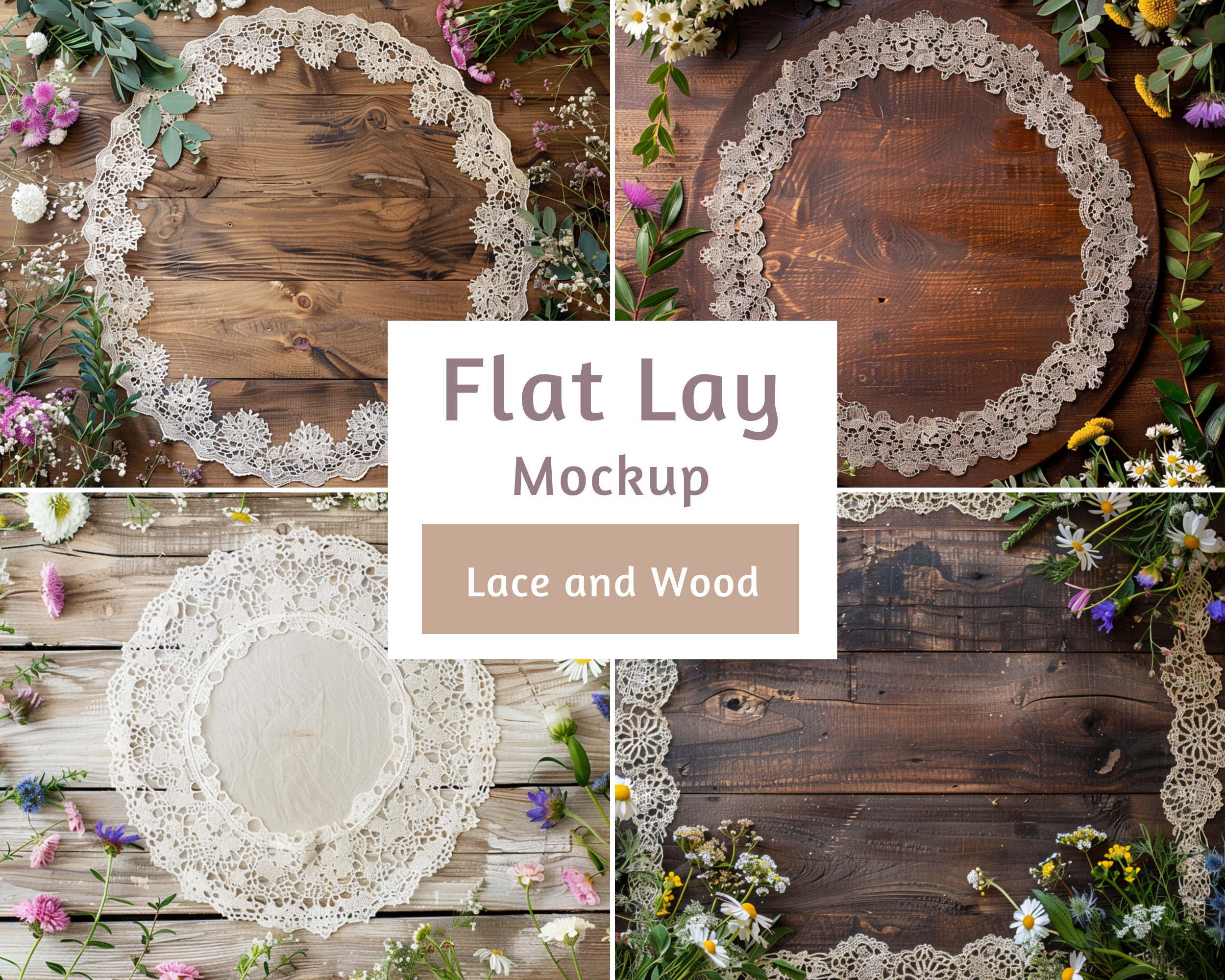 10 Flat-lay Background Mockups - 10 Lace and Wood Flat-lay Background ...