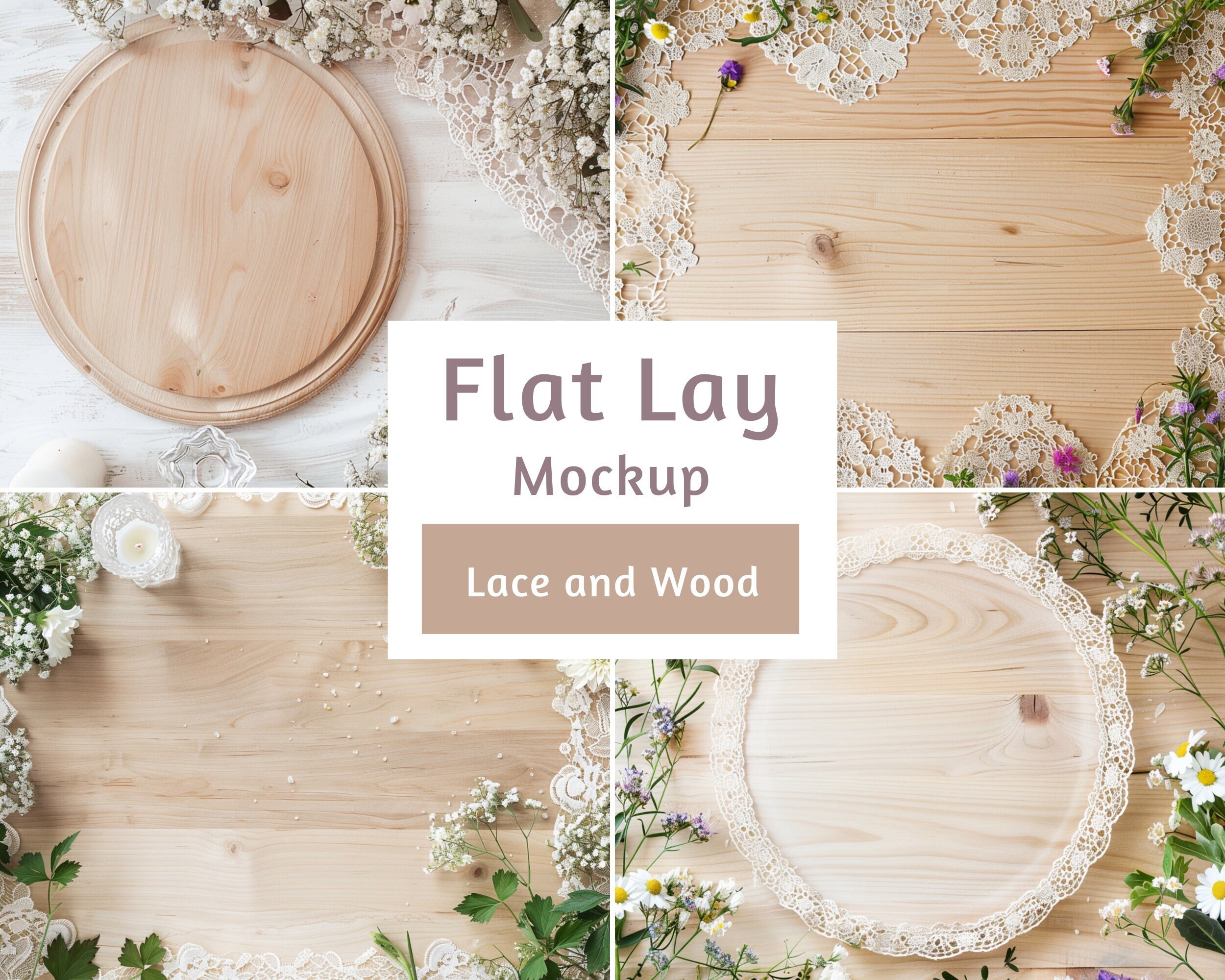 10 Flat-lay Background Mockups - 10 Lace and Wood Flat-lay Background ...
