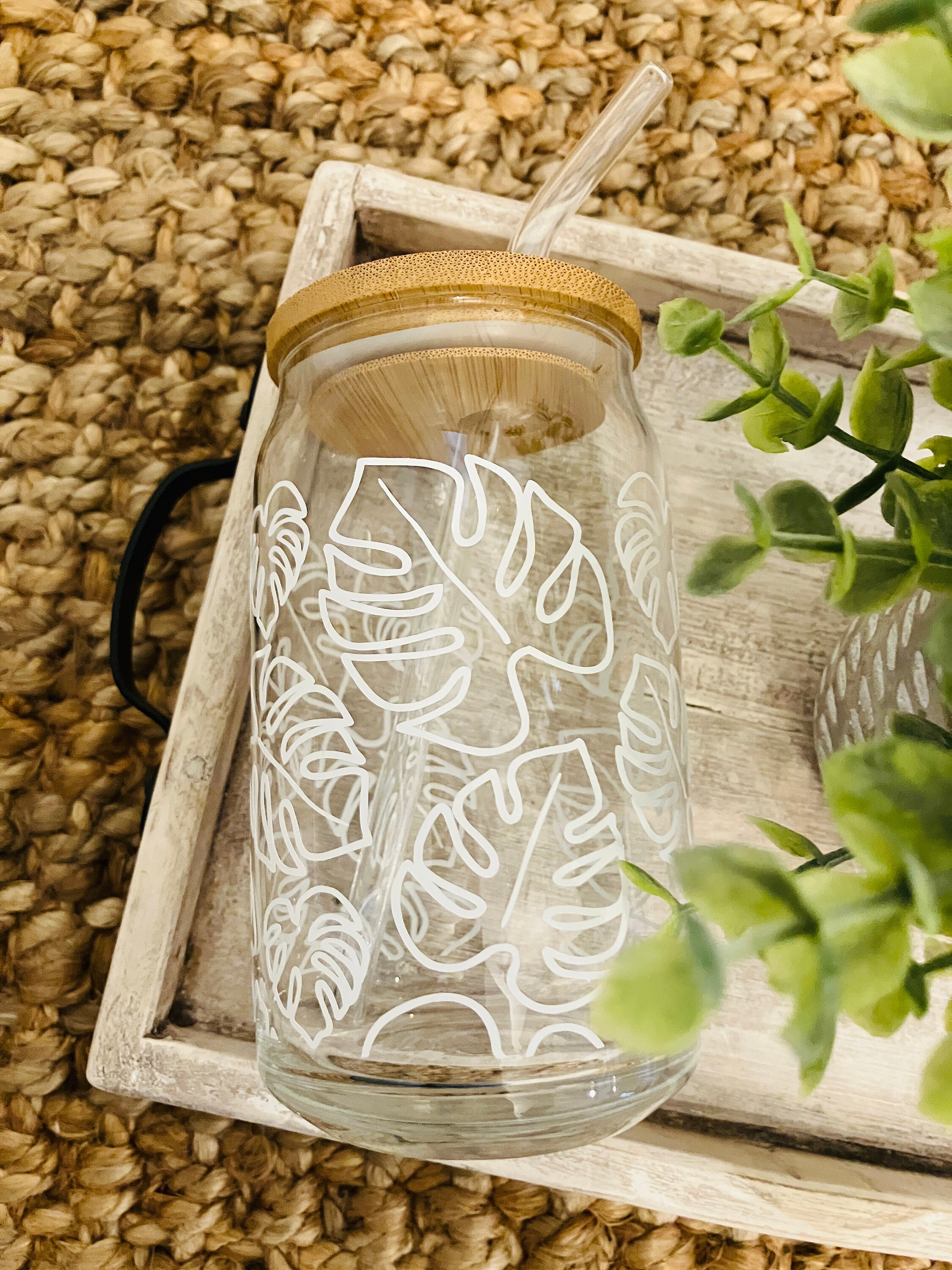 Monstera Personalized Libbey Glass With Straw and Lid, Libbey Glass Can ...
