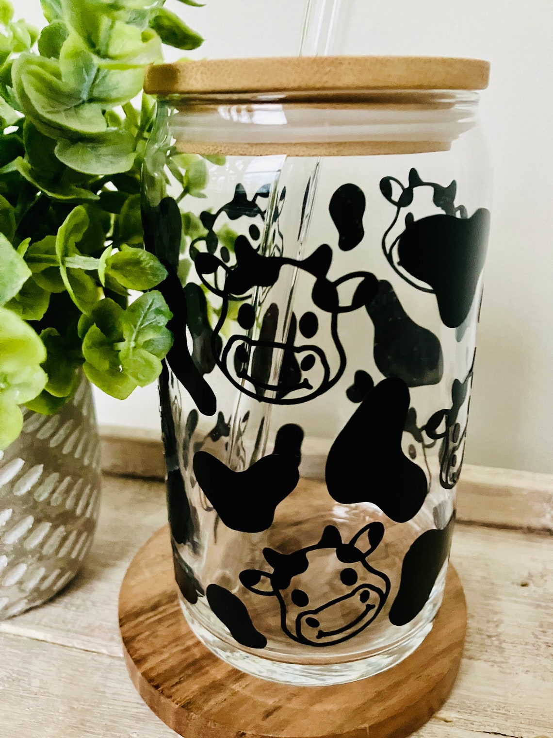 Cow Face Personalized Libbey Glass With Straw and Lid - Libbey Glass ...